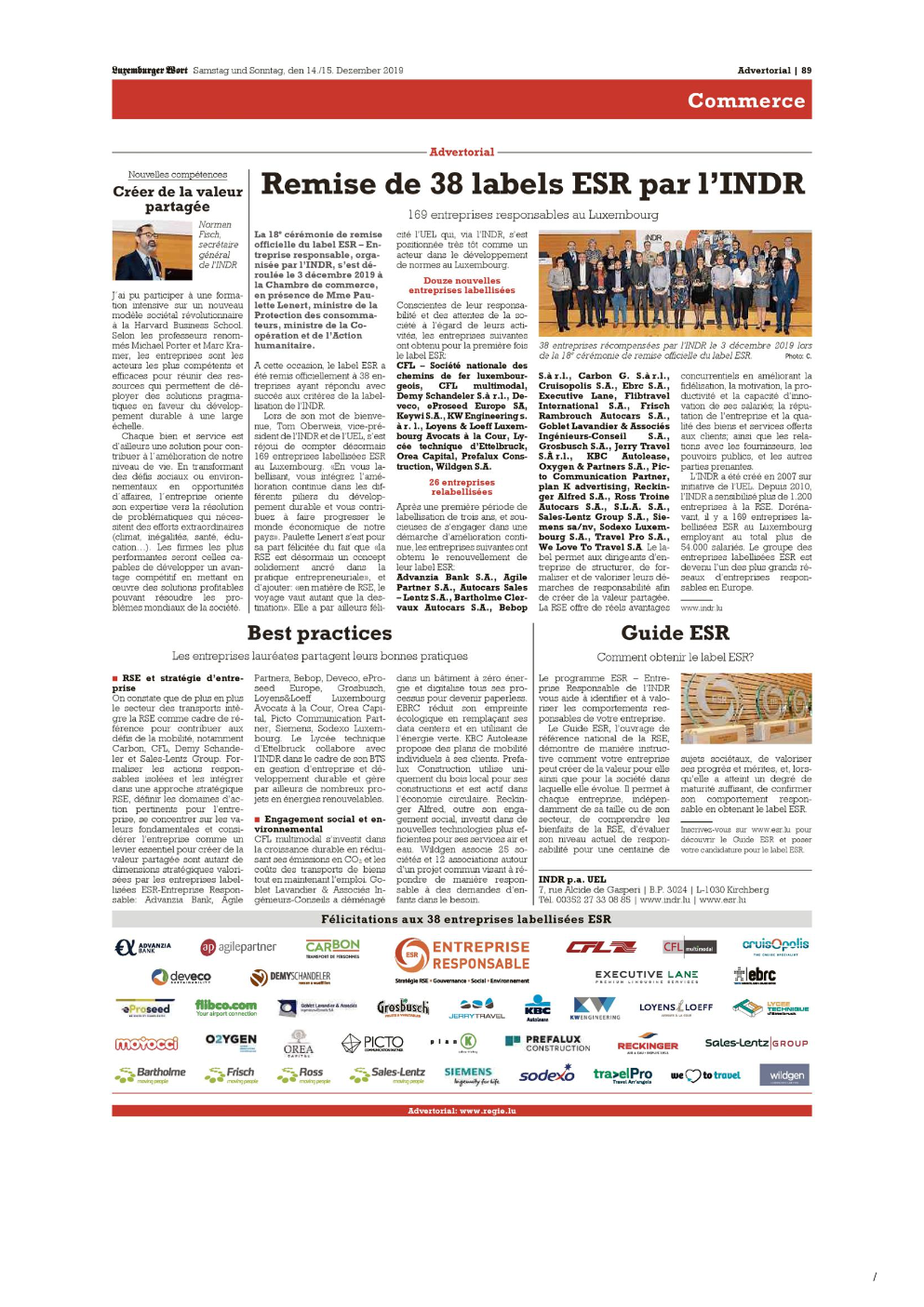 REMISE OFFICIELLE DU LABEL ESR A 38 ENTREPRISES – INDR